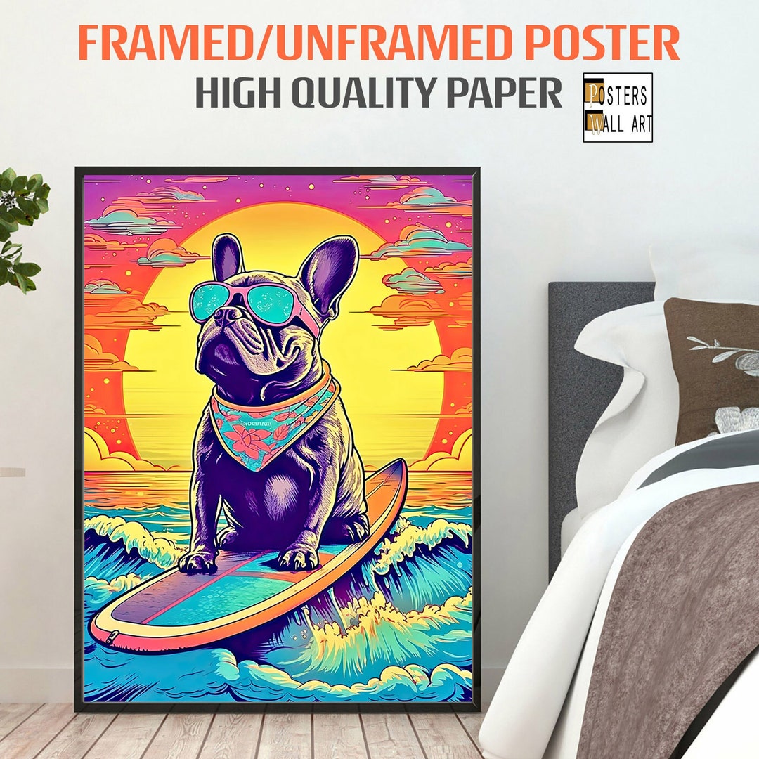 Surfing French Bulldog Poster - Dog Vintage Pop Art Print | Framed ...