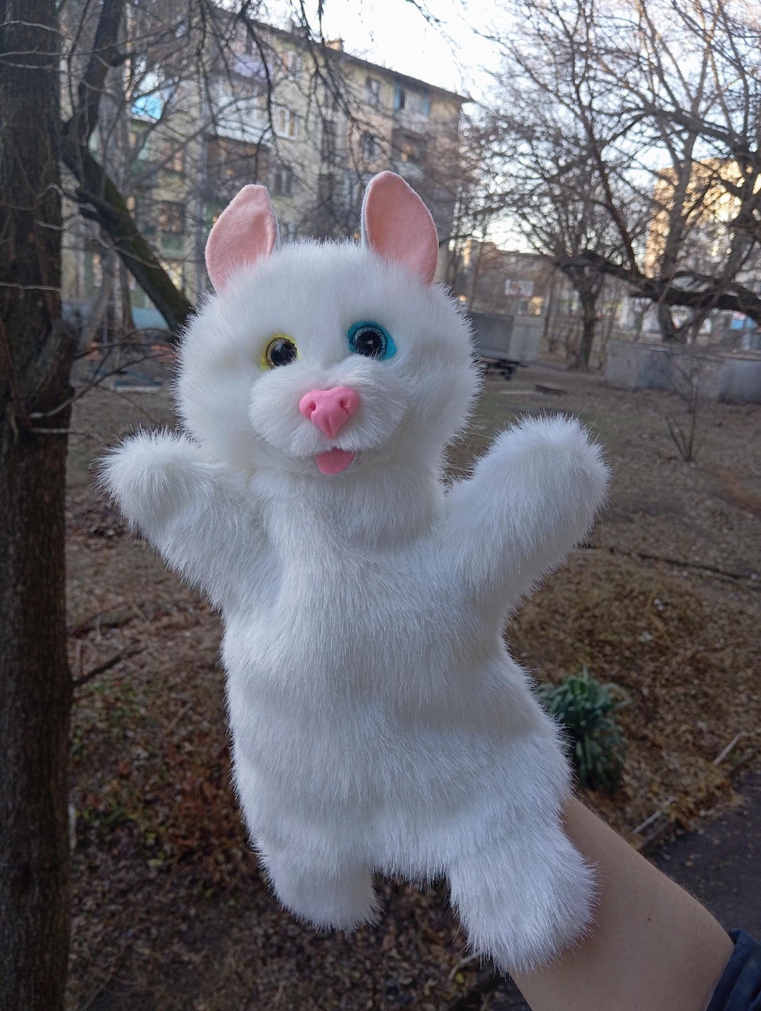 White Cat Hand Puppet, Kitten Glove Marionette, Fluffy Plush Puppet ...