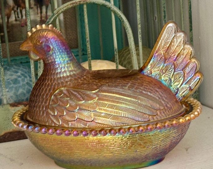 Vintage Indiana Glass Co. "hen on Nest"; Amber/golden Iridescent ...