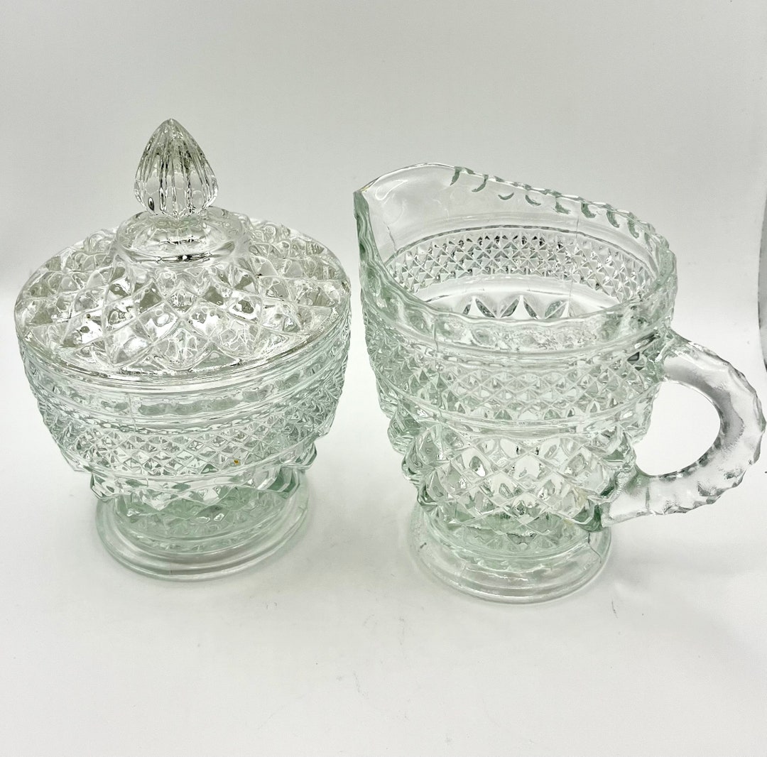 Anchor Hocking Wexford Sugar Bowl With Lid and Creamer, Pressed Glass ...