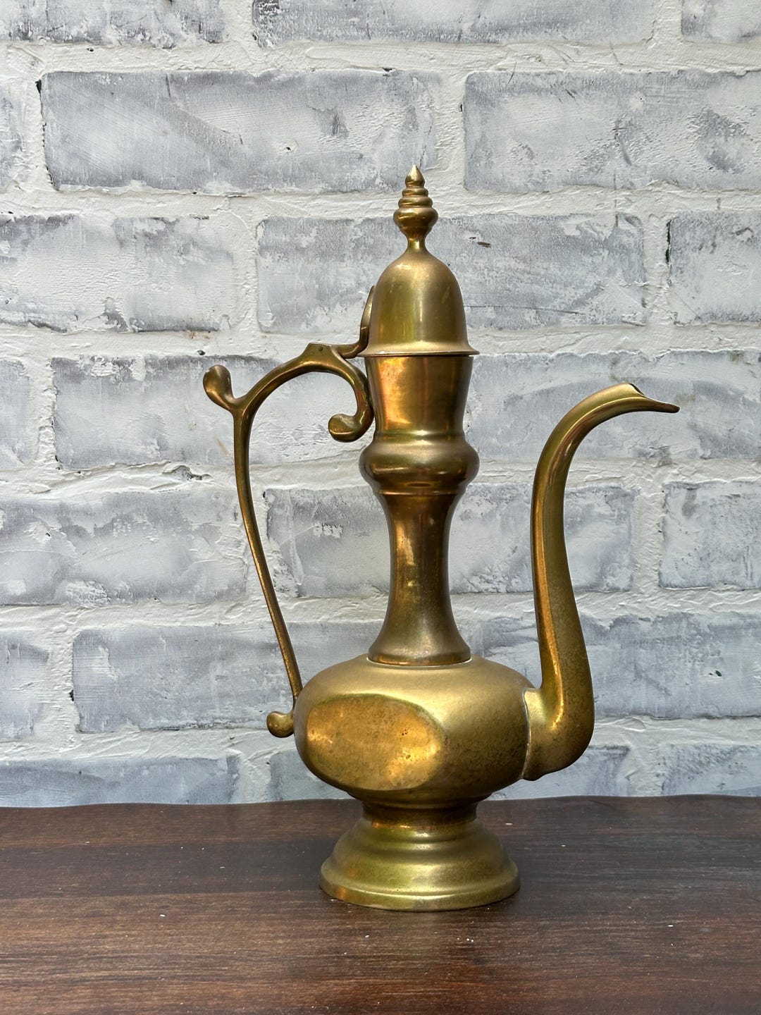 Vintage 12” Brass Ewer; Turkish Oil Pot; Large Brass Pitcher W/ Hinged ...