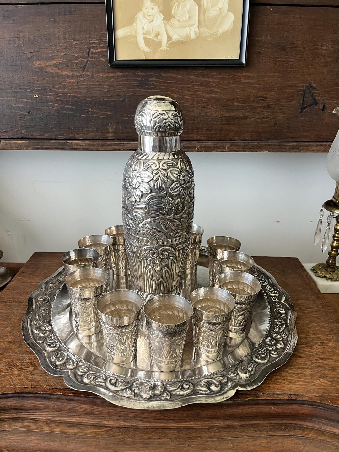 Antique Sterling Silver Barware Set: Cocktail Shaker, Cups & Tray - Etsy