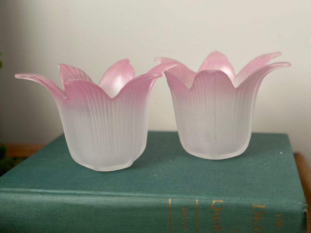 Set of 2 Partylite Pink Rose Bud Votive Candle Holder Pink Glass Tulip ...