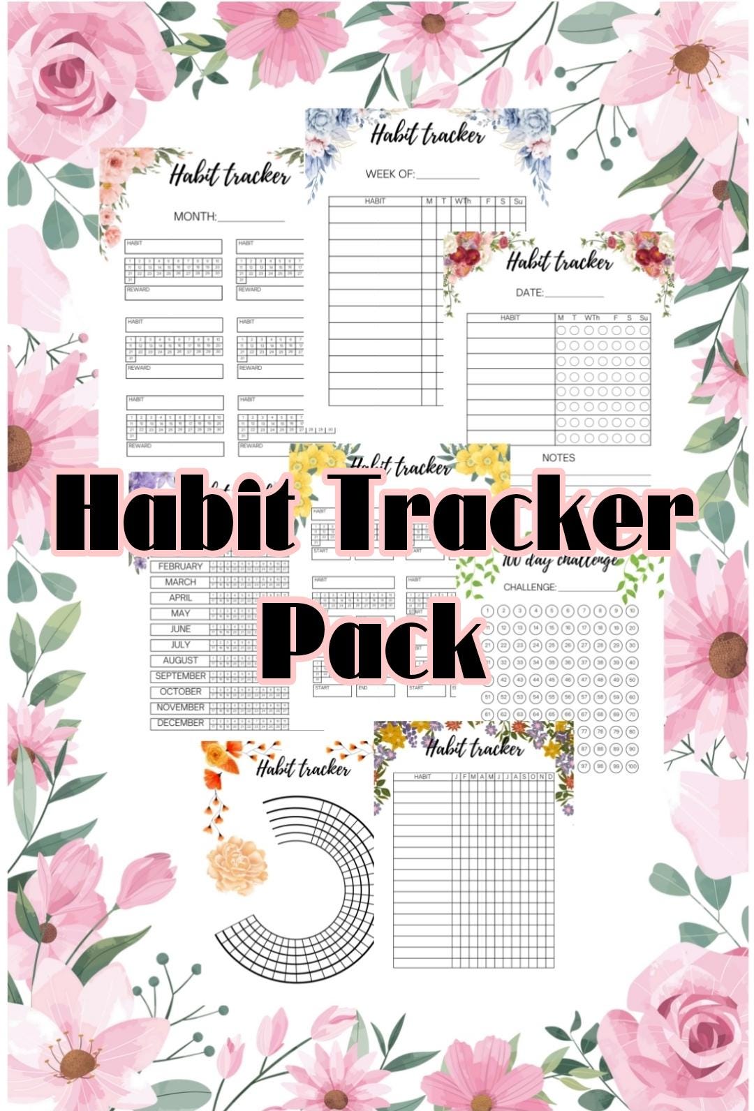 Floral Habit Tracker Bundle: Printable & Editable Canva Templates (PDF ...