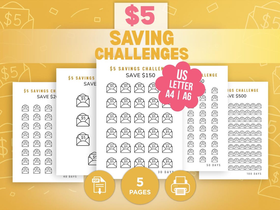 5 Dollar Savings Challenge Printable Bundle – 7/30/40/50/100 Day | 5 ...