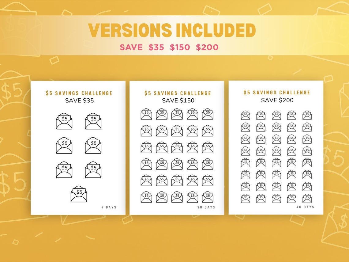 5 Dollar Savings Challenge Printable Bundle – 7/30/40/50/100 Day | 5 ...