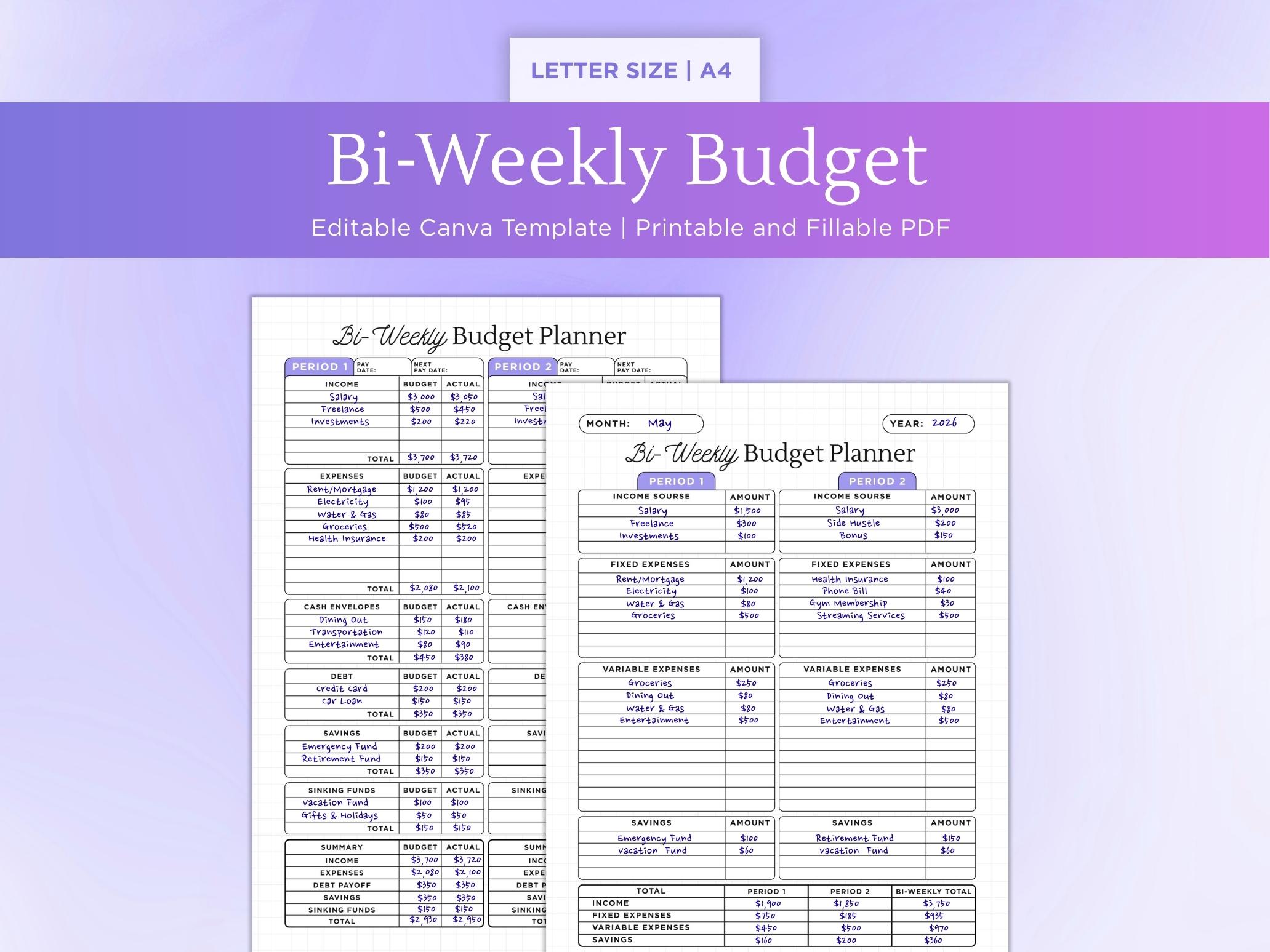 Bi-weekly Budget Planner: Fillable PDF, Canva Template (A4, Letter Size ...