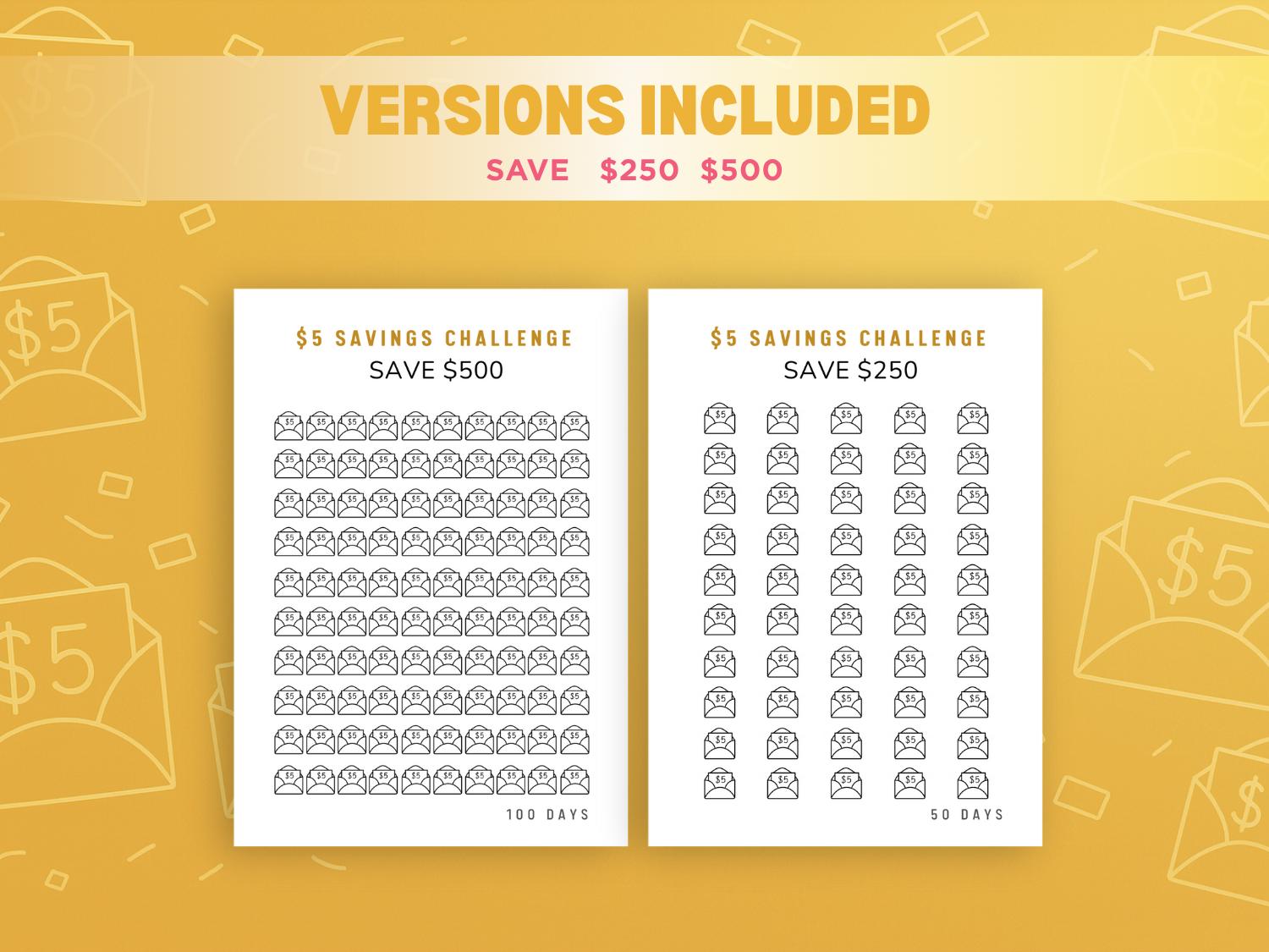 5 Dollar Savings Challenge Printable Bundle – 7/30/40/50/100 Day | 5 ...