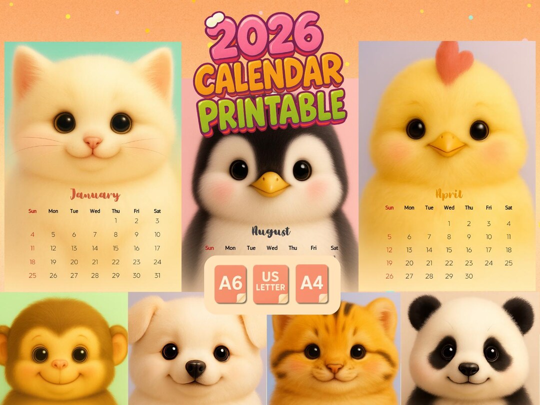2026 Cute Animals Kids Calendar – Printable A4 • A6 • US Letter ...