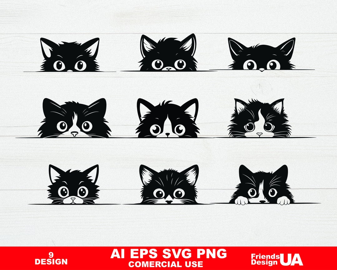 Peeking Cat SVG Clipart, Peeking Kitten Silhouette, Peeking Cats ...