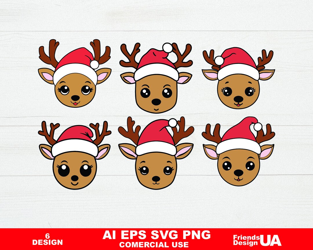 Reindeer Clipart SVG, Deer in Santa Hat, Cute Deer Face, Christmas ...