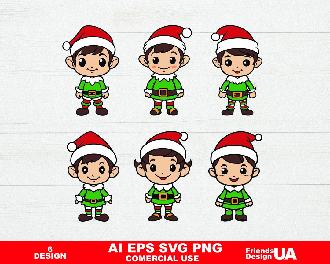 6 Christmas Elfs SVG Clipart, Christmas Elves Vector, Elf in Santa Hat ...