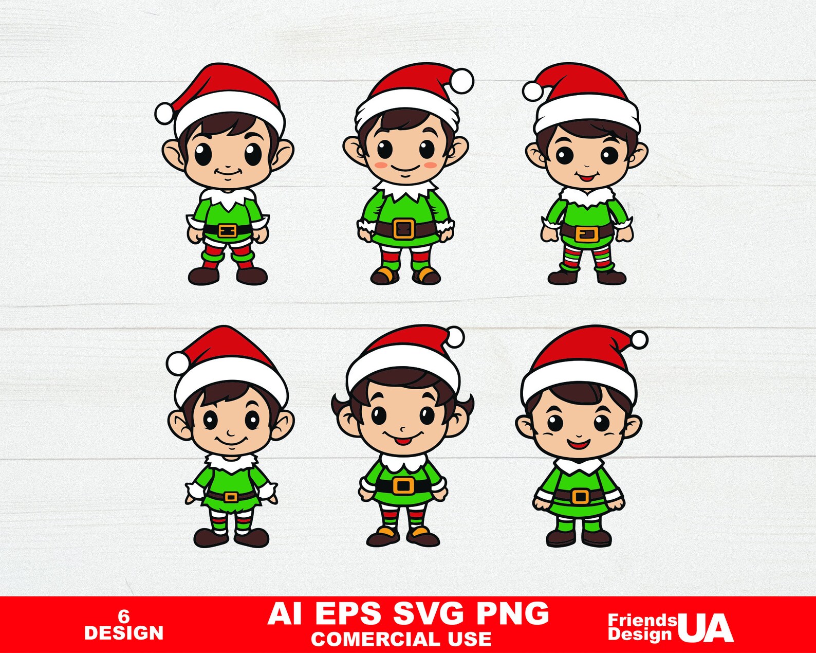6 Christmas Elfs SVG Clipart, Christmas Elves Vector, Elf in Santa Hat ...
