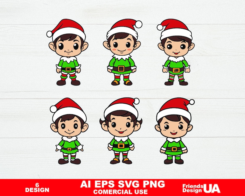 6 Christmas Elfs SVG Clipart, Christmas Elves Vector, Elf in Santa Hat ...