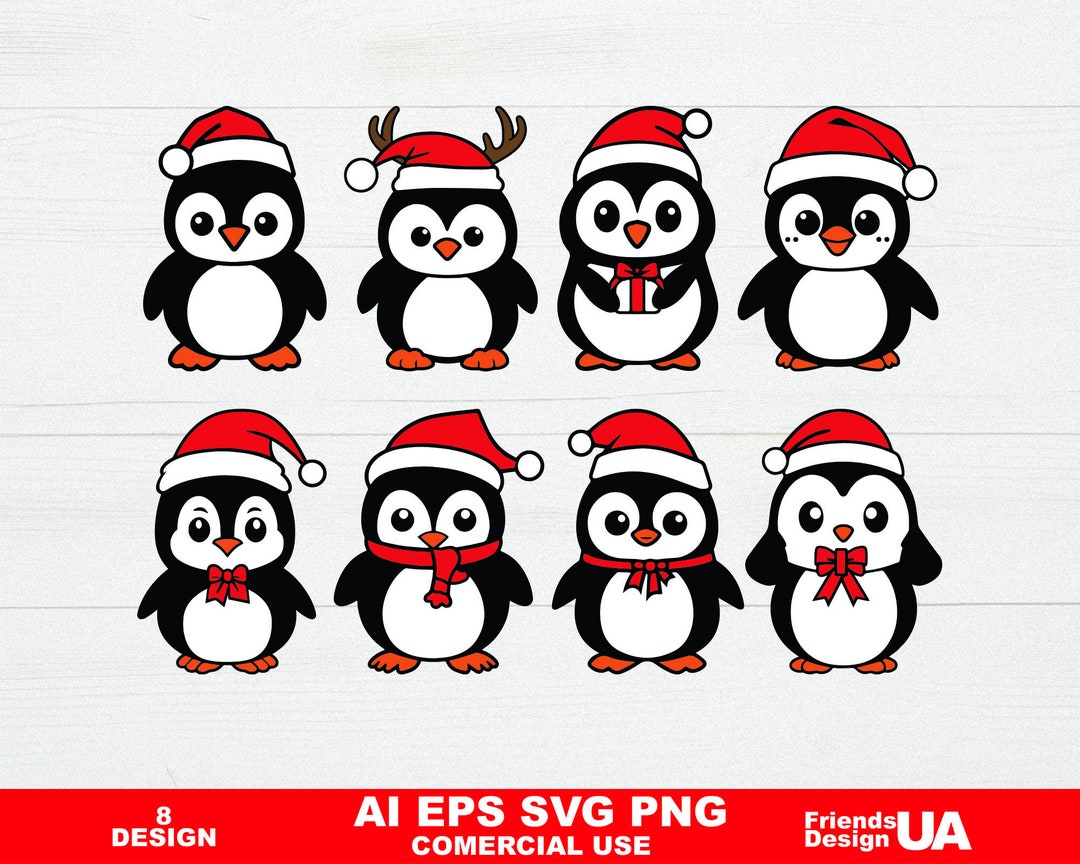 8 Penguin SVG, Christmas Penguin Svg, Penguin in Santa Hat Clipart ...