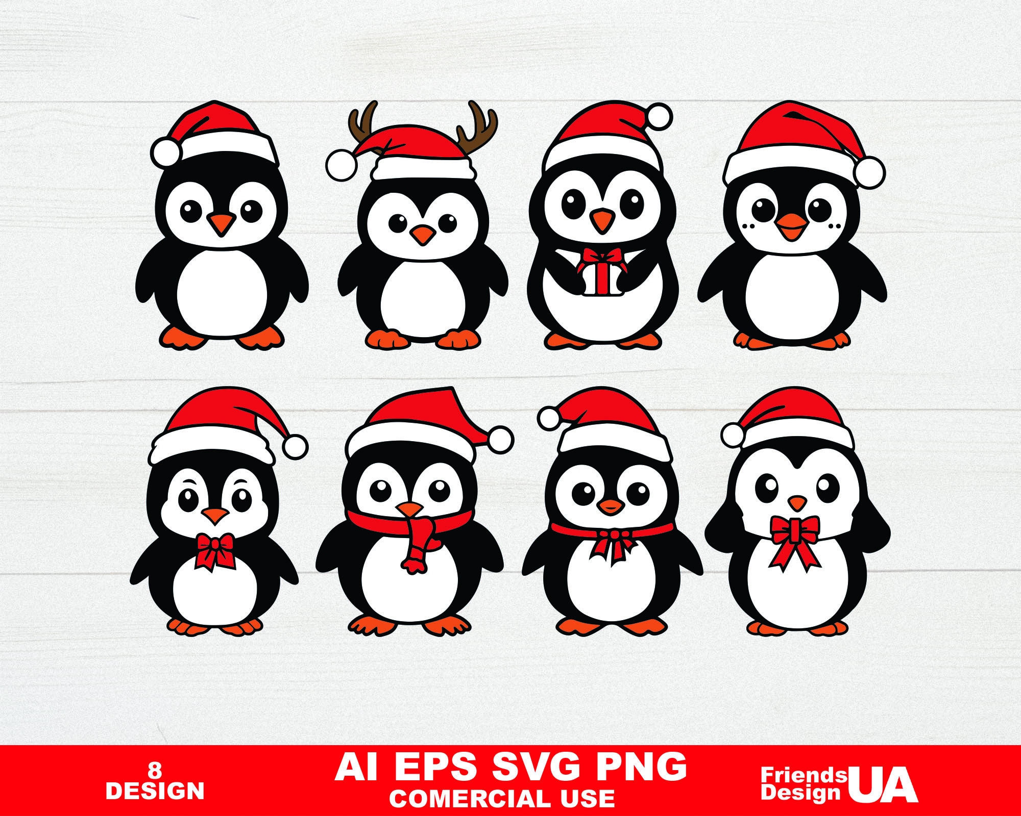 8 Penguin SVG, Christmas Penguin Svg, Penguin in Santa Hat Clipart ...
