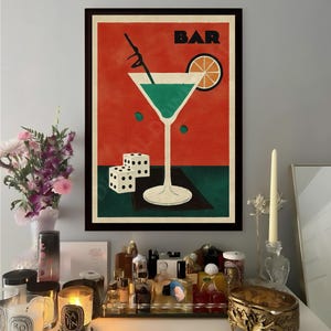 Vintage Bar Print Martini Wall Art Vintage Kitchen Decor Red Bar Cart ...
