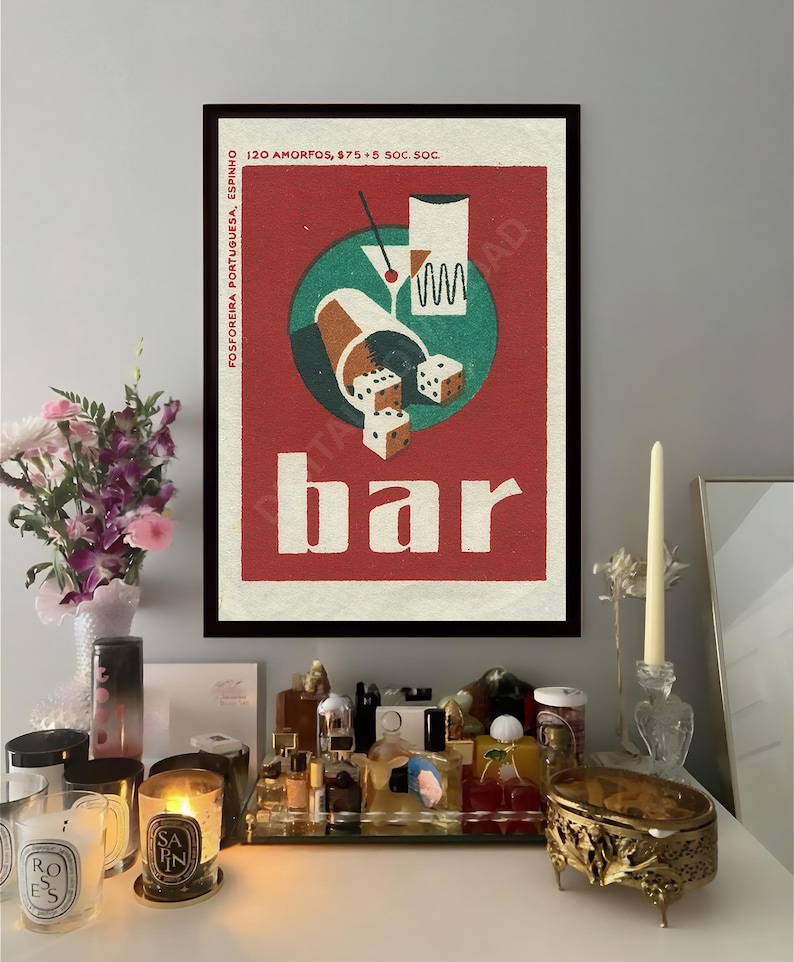 Vintage Bar Poster Red Bar Print Vintage Beverage Poster Retro Bar Cart ...