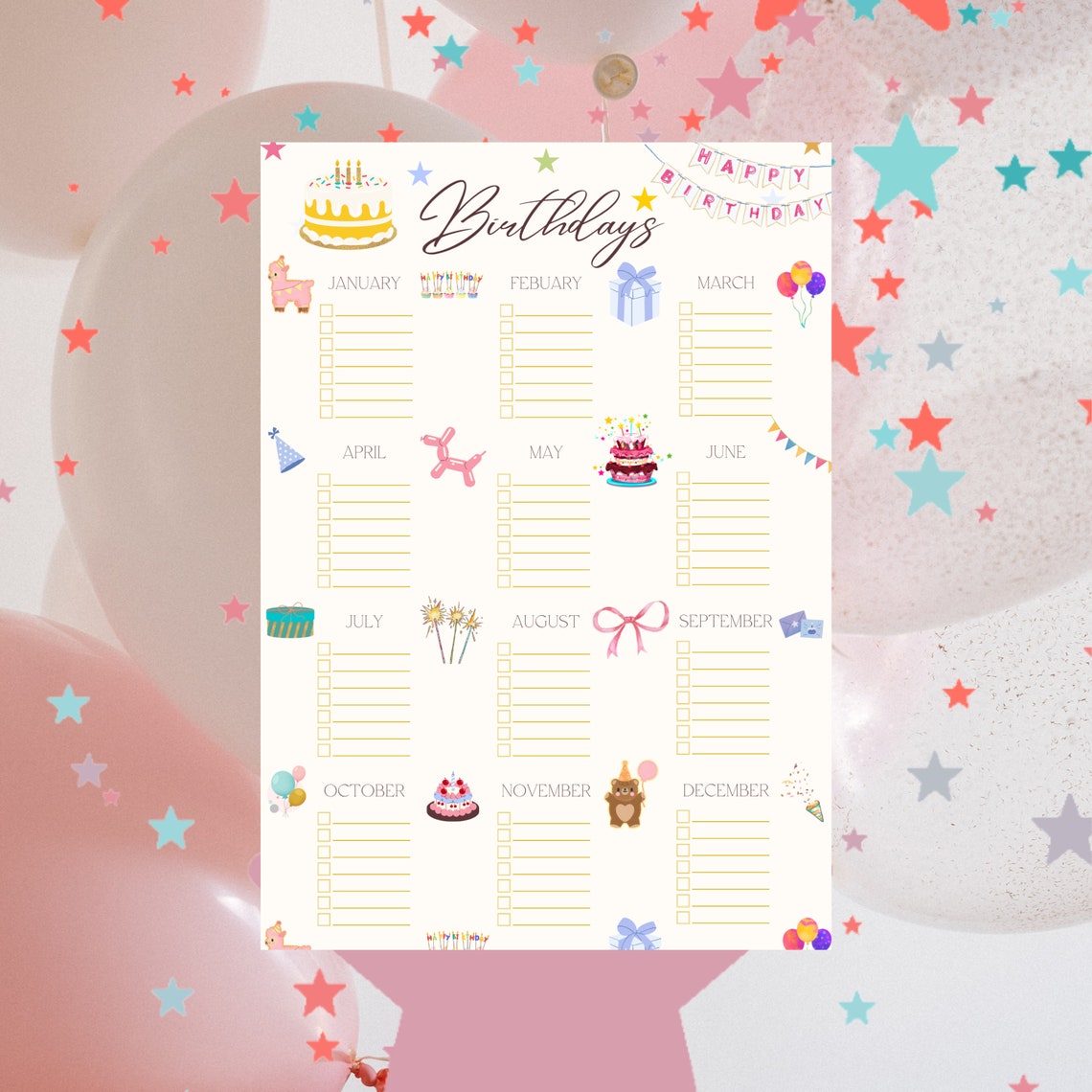 Birthday Tracker Printable Template Birthday Planner - Etsy