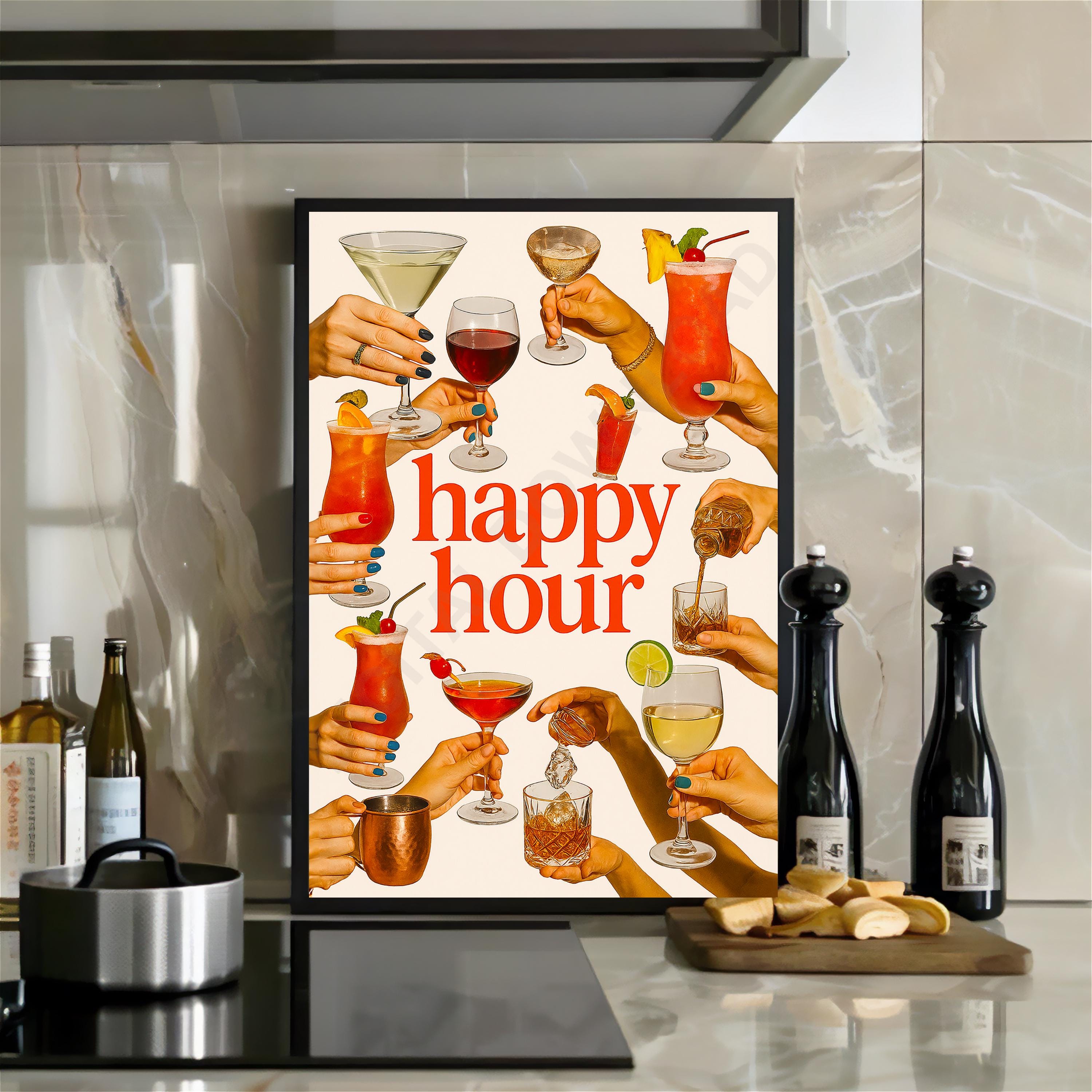 Happy Hour Print Vintage Kitchen Decor Cheers Print Bar Cart Print Bar ...