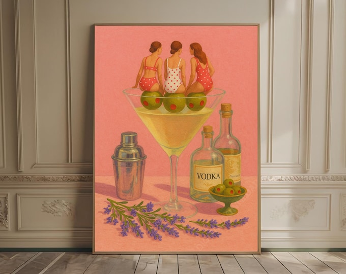 Vintage Dirty Martini Bar Print Abstract Oil Painting Vodka Print Pink ...