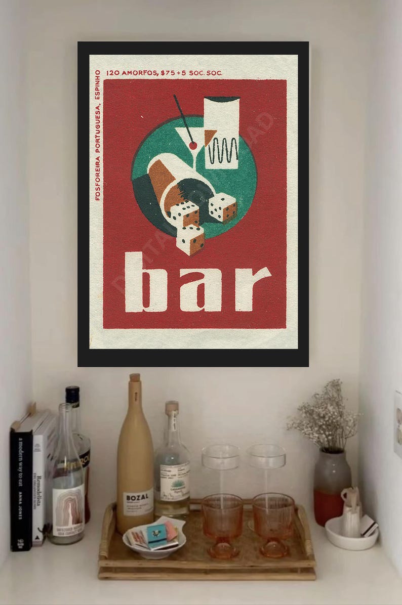 Vintage Bar Poster Red Bar Print Vintage Beverage Poster Retro Bar Cart ...