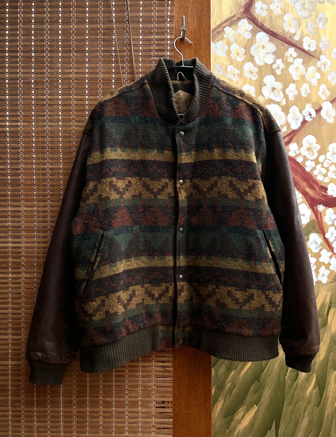 Vintage Woolrich Southwest Aztec Native Wool Leather Letterman Varsity ...