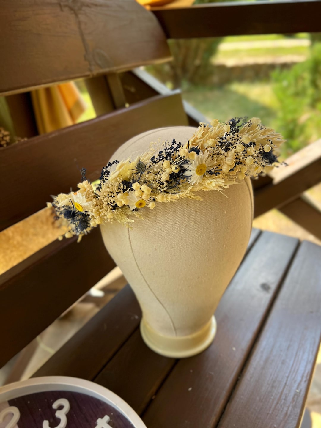 Boho Daisy Flower Crown: Ivory & Navy Dried Floral Headpiece - Etsy