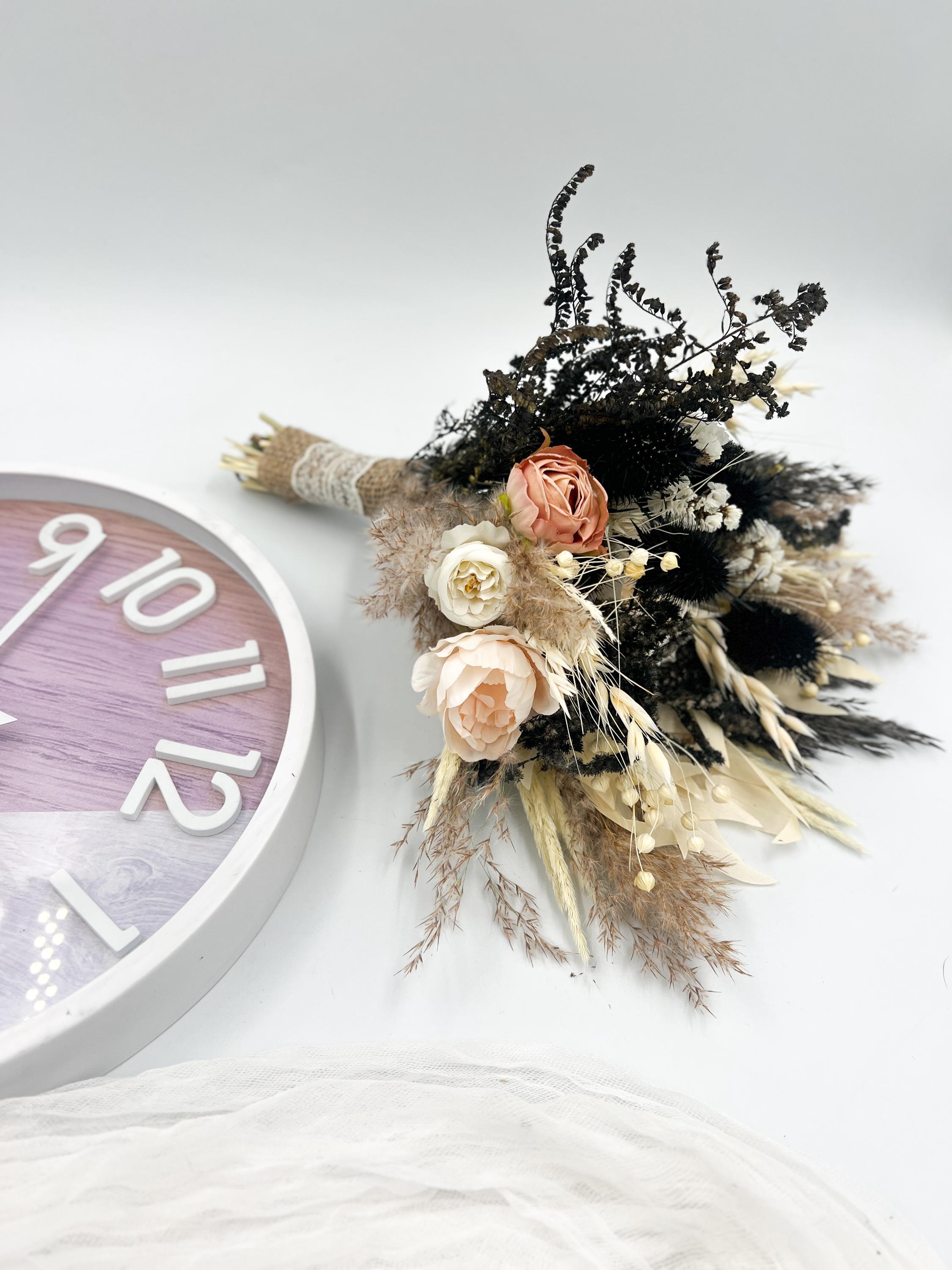 Dried Flower Bouquet With Artificial Roses – Black, Ivory & Mocha ...