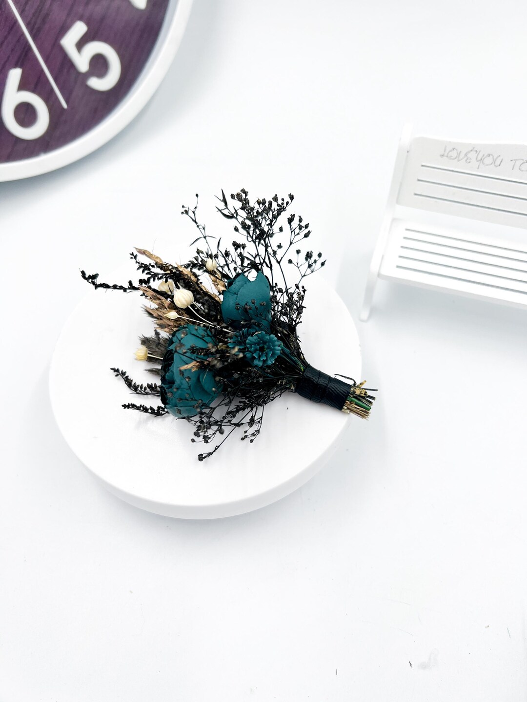 Gothic Teal and Black Boutonniere, Juniper Green Pinned Flower ...