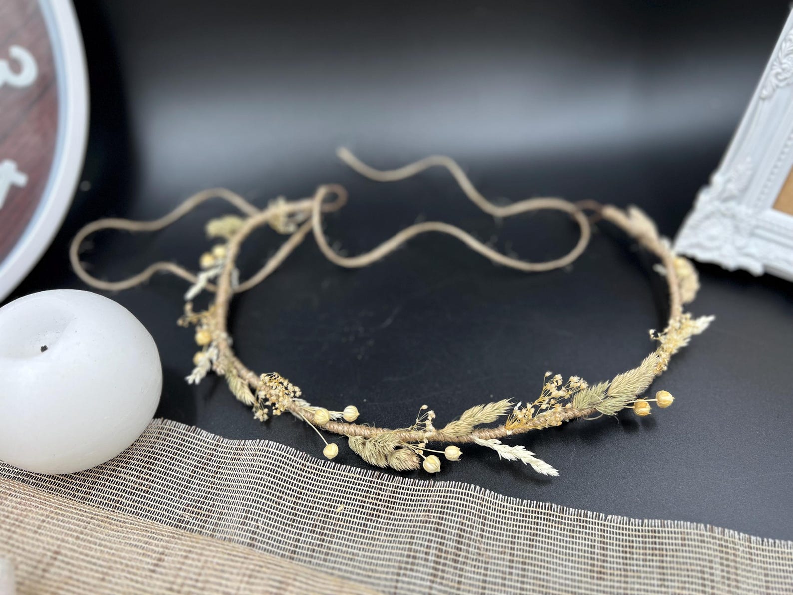 Boho Dried Flower Crown: Rustic Bridal Headpiece, Ivory Beige - Etsy