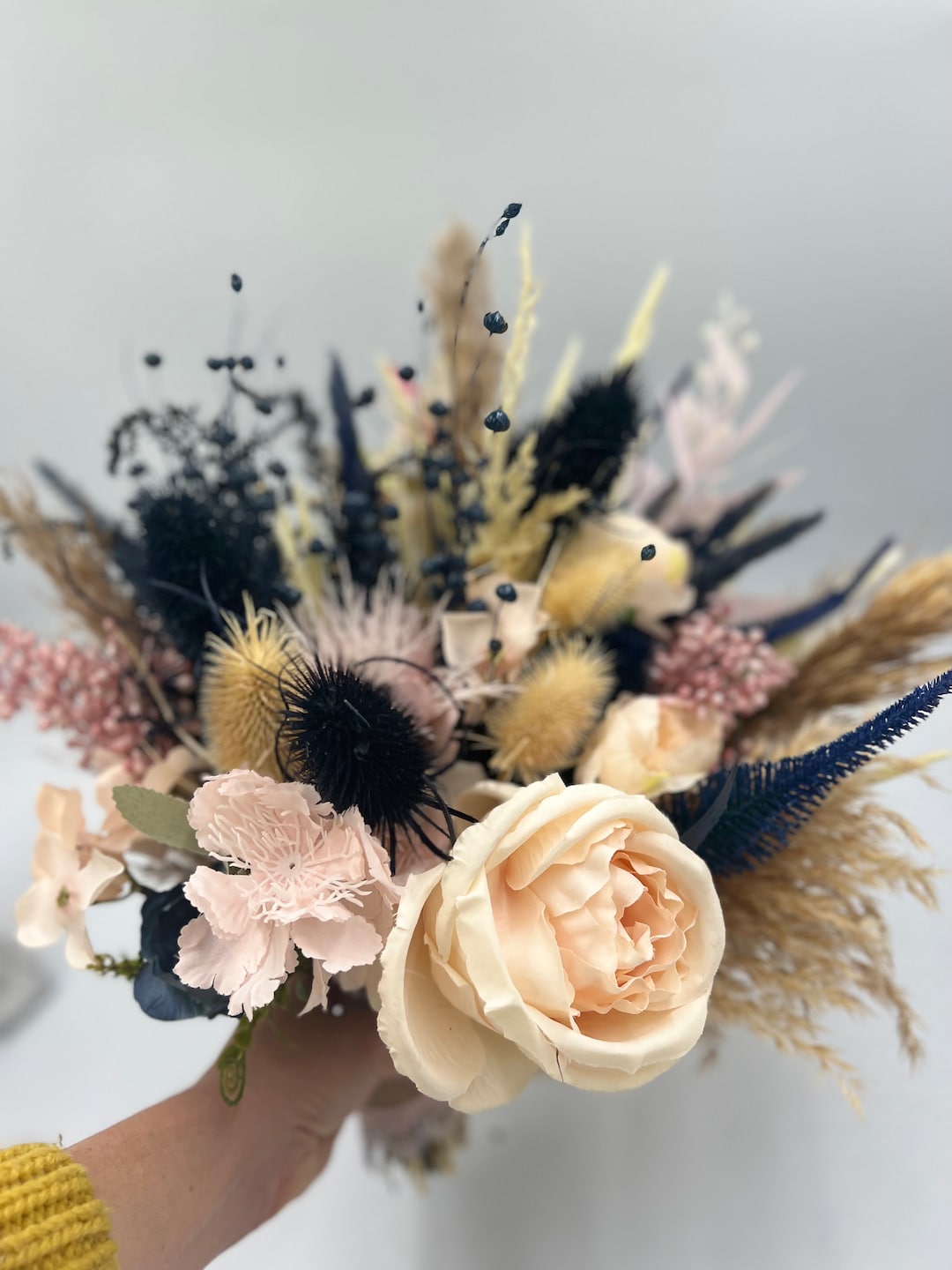 Boho Dried Flower Bridal Bouquet - Rustic, Navy Blue, Pampas Grass ...