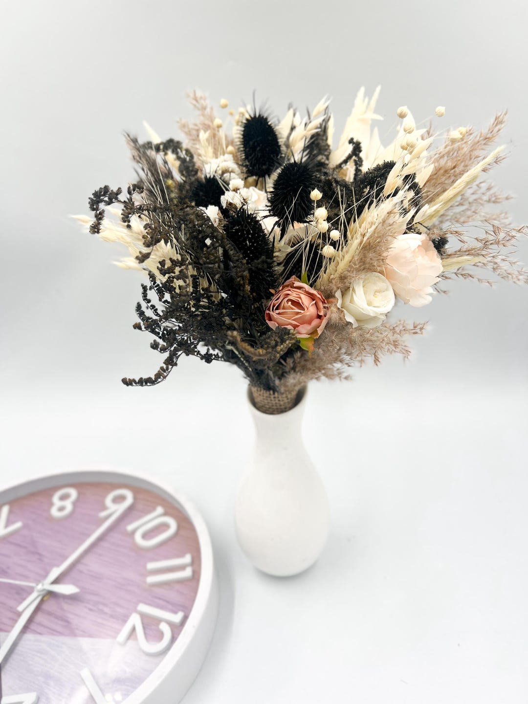 Dried Flower Bouquet With Artificial Roses – Black, Ivory & Mocha ...