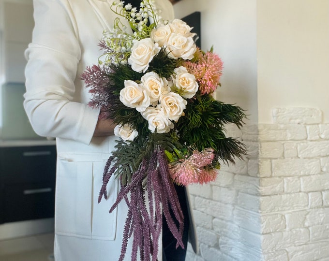 White Cascade Bouquet Bridal Ivory Bouquet Cascading Blush Bouquet ...