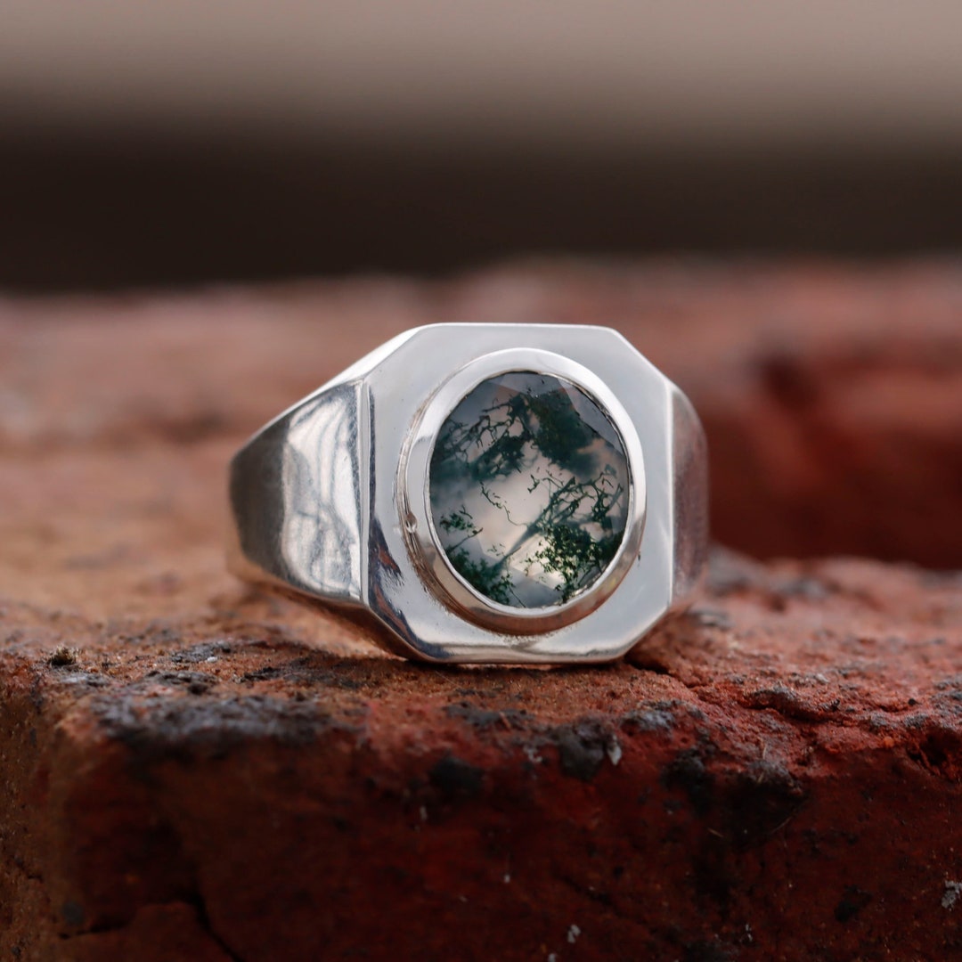 Green Moss Agate Men's Ring, 925 Solid Sterling Silver, Men's Statement ...