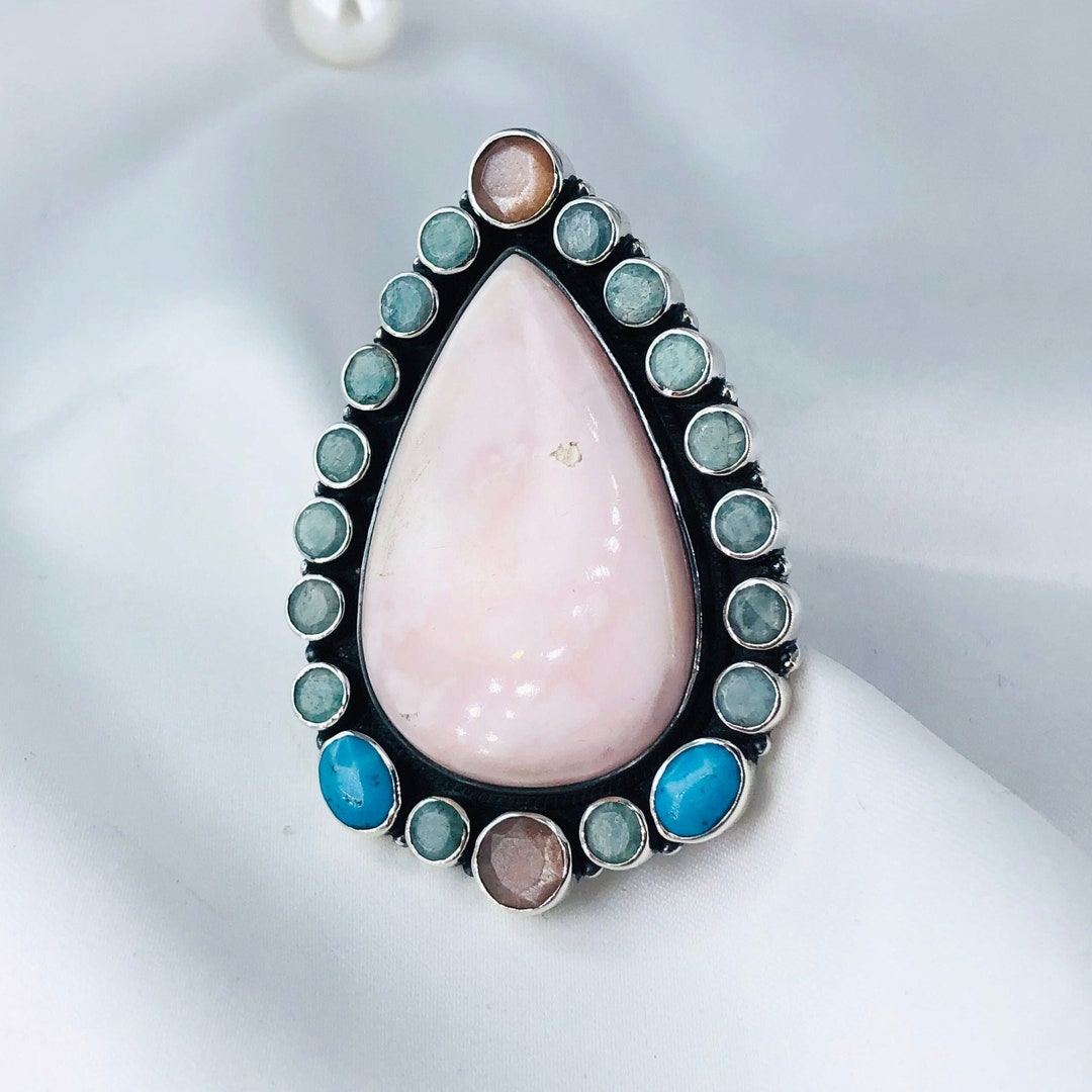 Natural Pink Opal, Amazonite, Peach Moonstone & Turquoise Ring ...