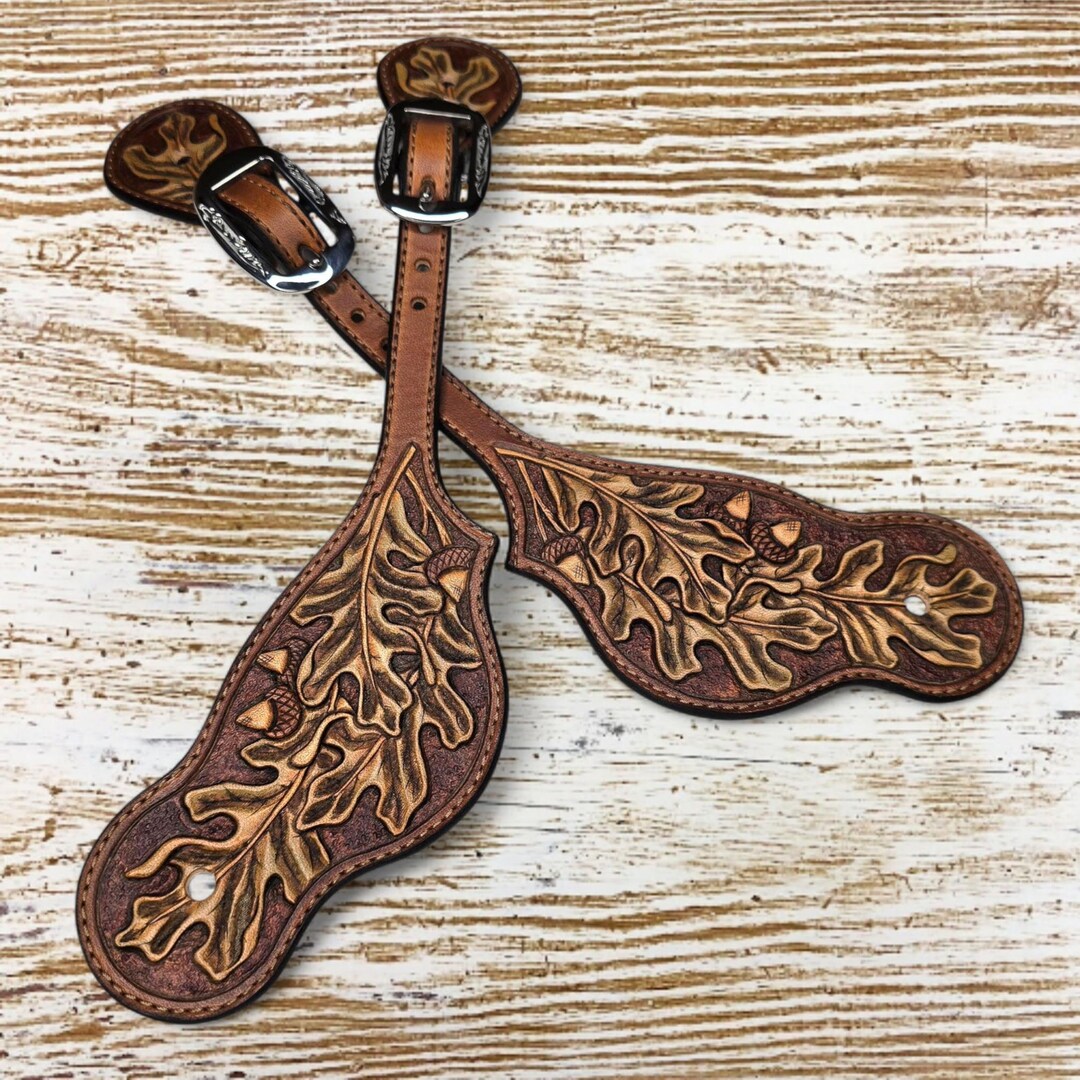 Tooled Leather Oak Leaves & Acorns Western Spur Straps - Etsy