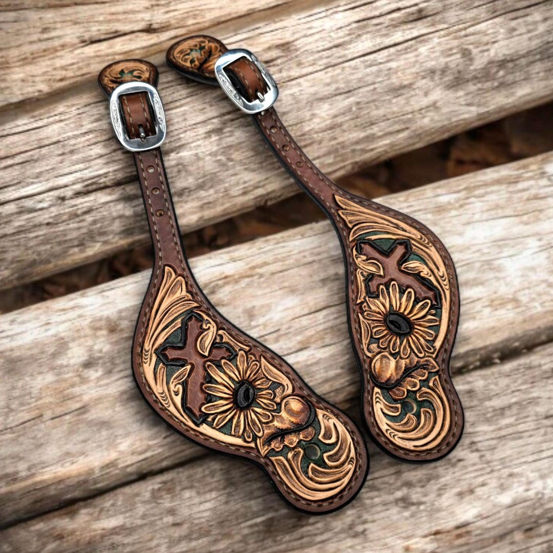 Tooled Leather Cross & Daisy Western Spur Straps - Etsy