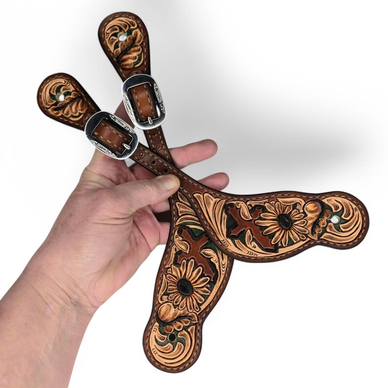 Tooled Leather Cross & Daisy Western Spur Straps - Etsy