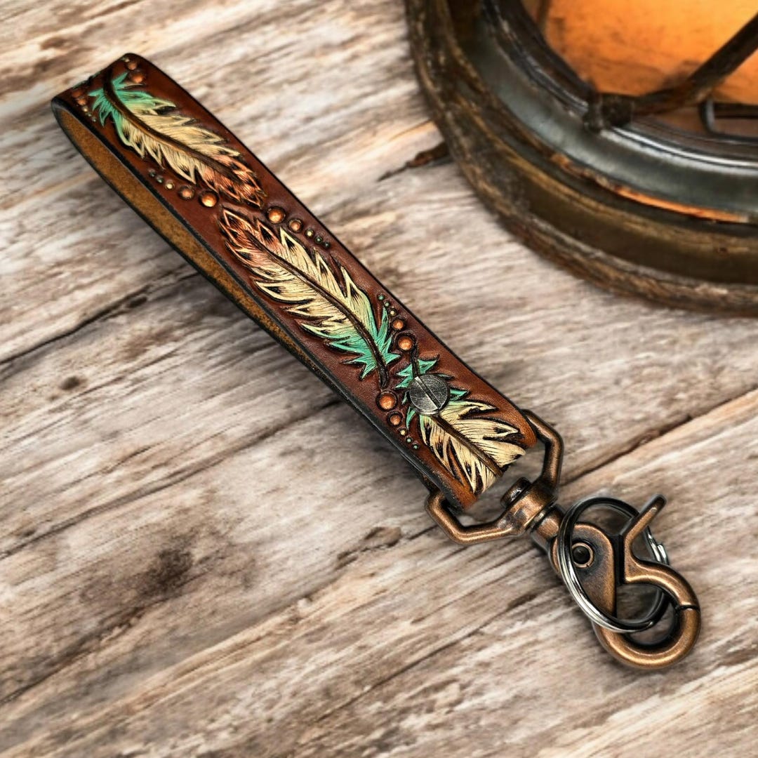Tooled Leather Scrolling Feathers Western Wristlet Keychain - Etsy