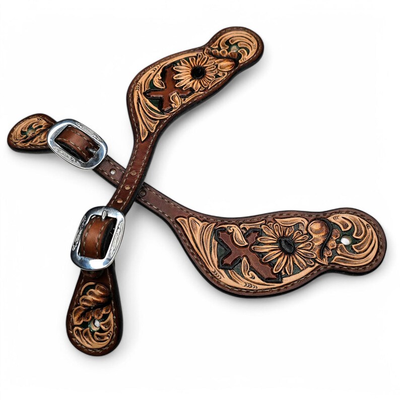 Tooled Leather Cross & Daisy Western Spur Straps - Etsy