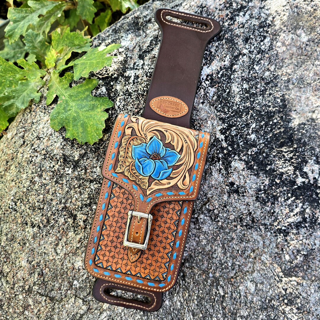 Tooled Leather Western Saddle Rear Cinch Billet Bag / Cellphone Holder ...