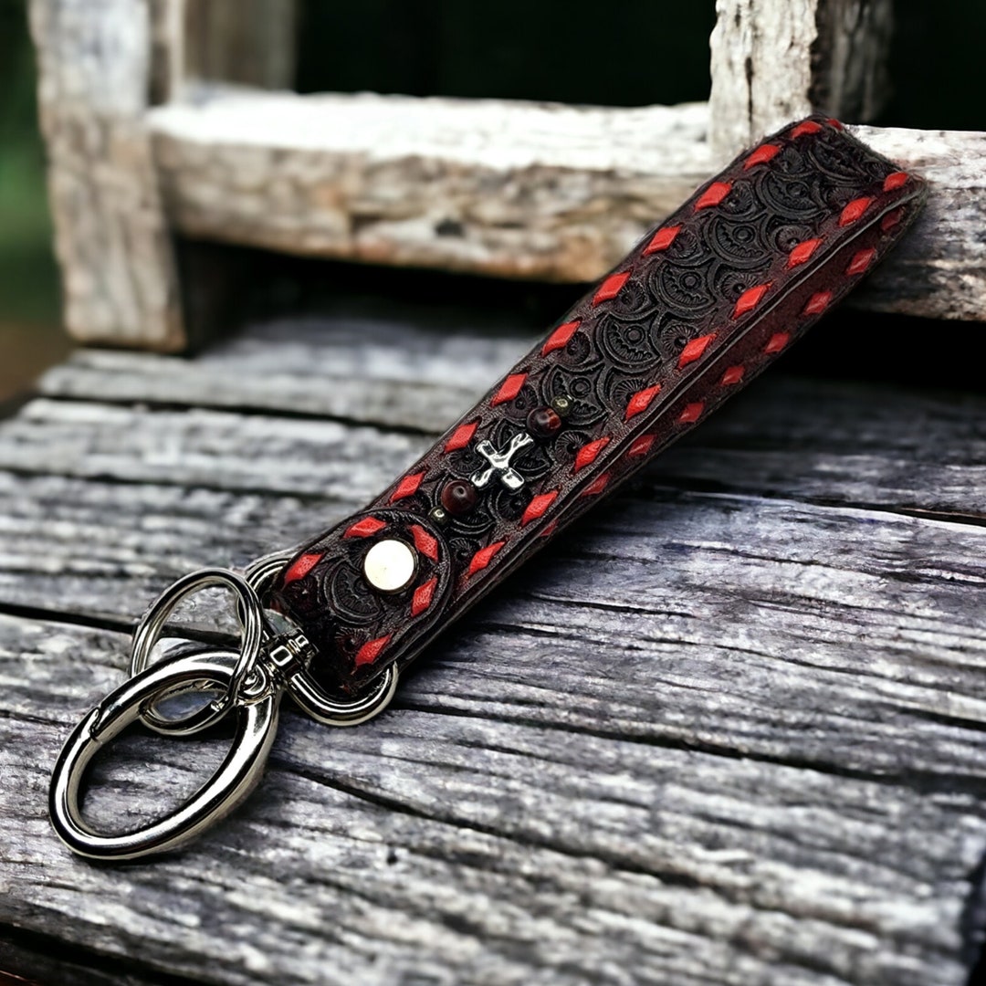 Tooled Leather & Gemstone Western Wristlet Keychain - Etsy
