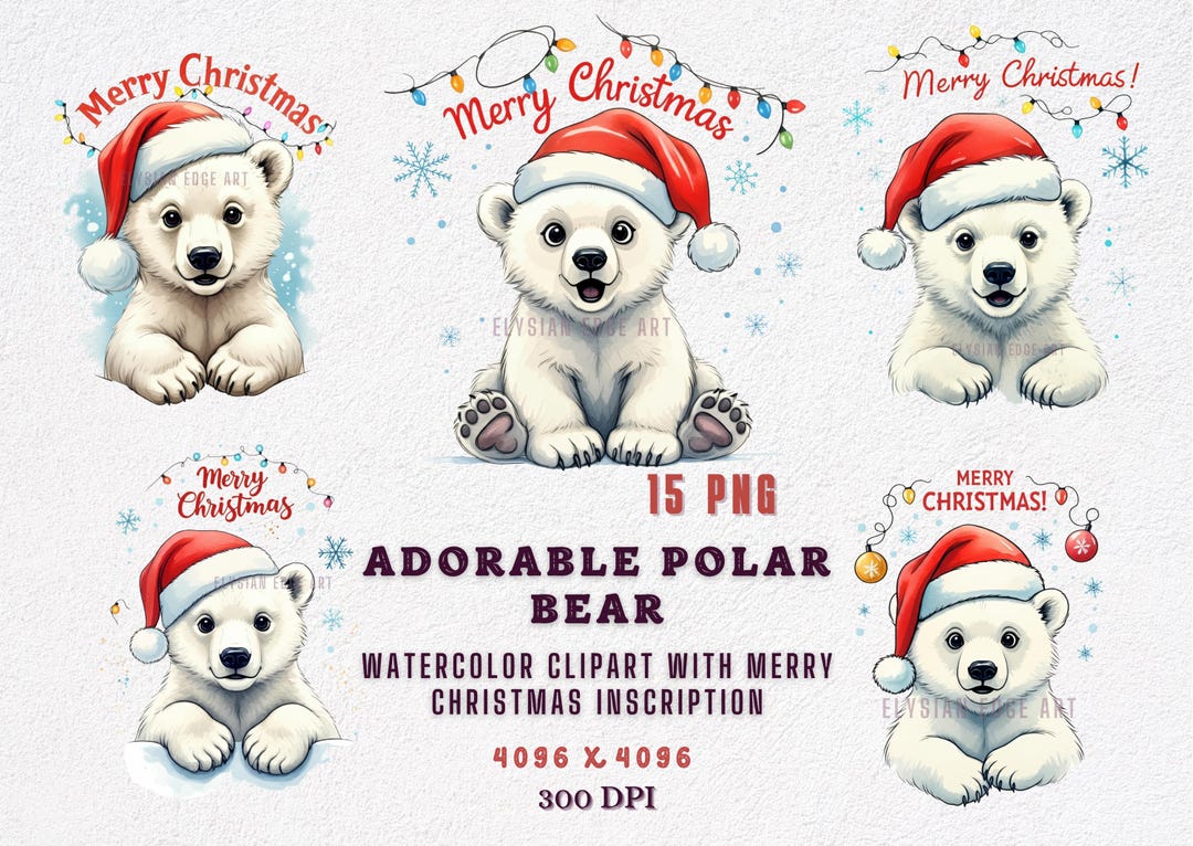 Adorable Polar Bear Clipart With Merry Christmas Inscription, Playful ...