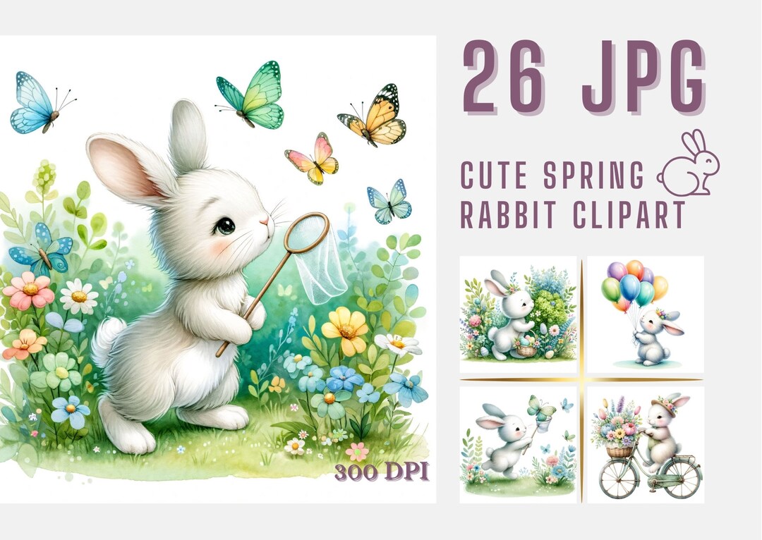 Cute Spring Rabbit Clipart, Bunnies and Wildflowers Clipart, Easter ...