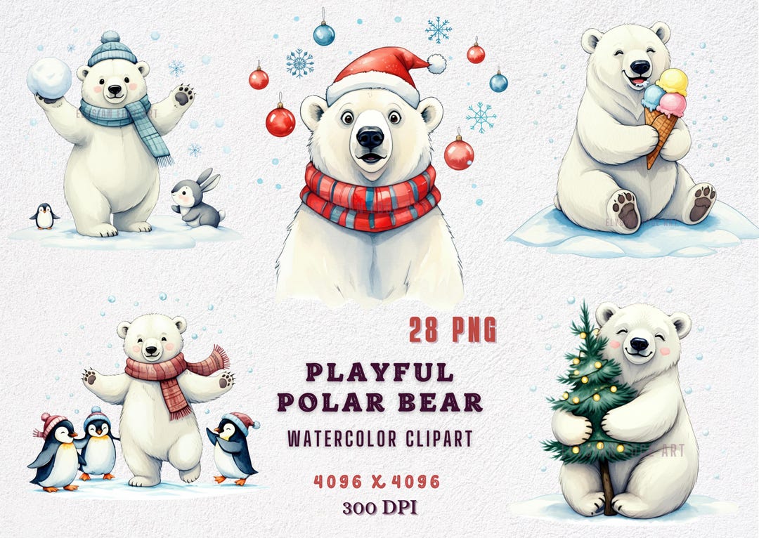 Watercolor Christmas Polar Bear Clipart: Playful PNG Images (digital ...