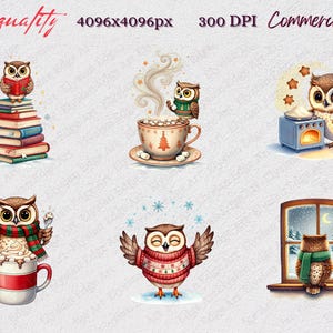Watercolor Cozy Winter Owls Clipart, Cute Owl Clipart, Winter Landscape ...