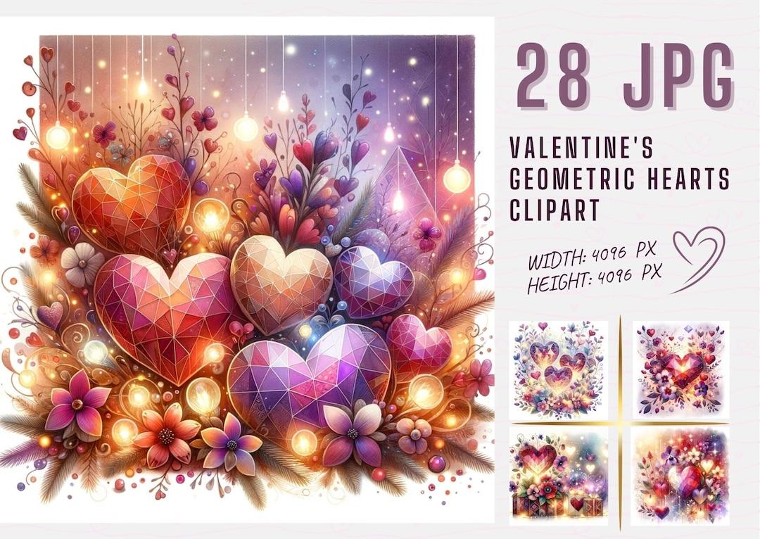 Valentines Geometric Hearts Clipart, Happy Valentine's Day Clipart ...