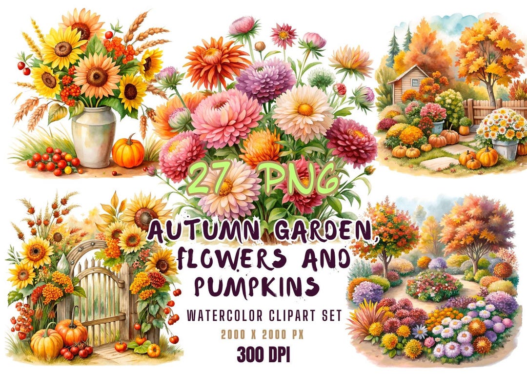 Watercolor Fall Clipart Bundle: Pumpkins, Asters, Autumn Garden (PNG ...