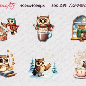 Watercolor Cozy Winter Owls Clipart, Cute Owl Clipart, Winter Landscape ...